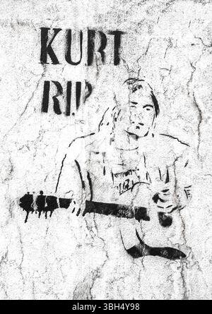 Kurt Cobain character. Graffiti / stencil on grungy wall. Bergamo ...