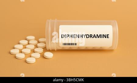 Diphenhydramine plastic box of medication with tablets on a table Stock ...