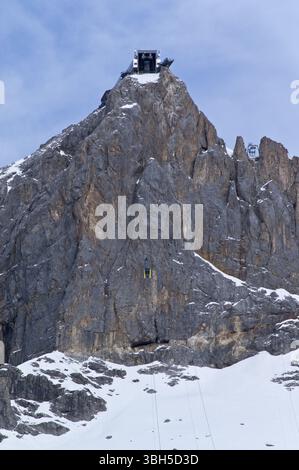 Valley station and gondola of the cable car to the Plaine-Morte glacier ...