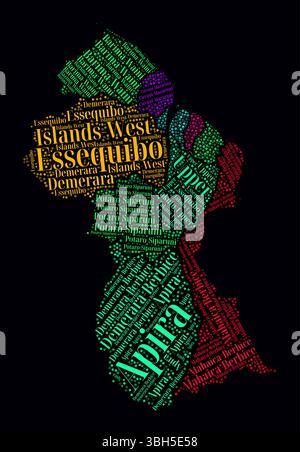 Guyana regions map word cloud. Guyana region names. Black and white map ...