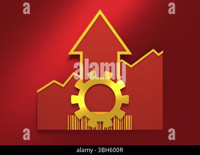 Cog wheel icon and rise up arrow. Growth diagram and bar code. 3D ...
