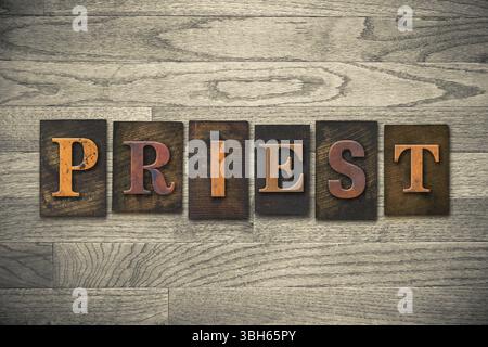 The word PRIEST written in vintage ink stained letterpress type Stock ...