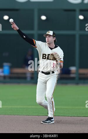 June 7 2025: Salt Lake shortstop Chad Stevens (35) gets a hit during ...
