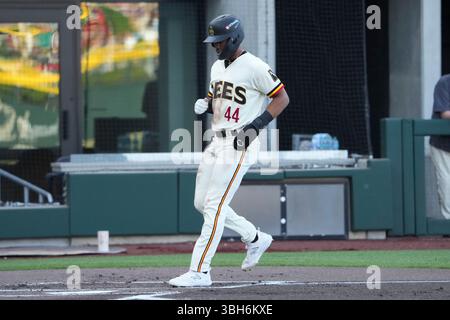 June 9 2025: Round Rock second baseman Justin Foscue (7) gets a hit ...