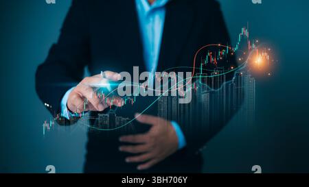 Financial graphs and analytics for investment solution. Double exposure ...
