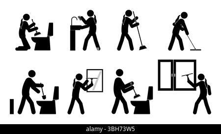 Set of stick figures, cleaning in the bathroom and house, flat vector ...
