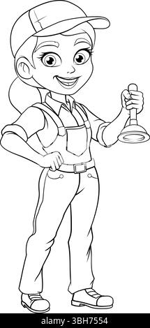 Woman Female Plumber Drain Plunger Cartoon Mascot Stock Vector Image ...