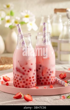 Fresh strawberry bubble tea made of milk, berries and pearls. Bubble ...