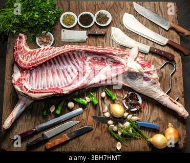 top view of lamb ribs kebab with french fries lettuce pickles Stock ...