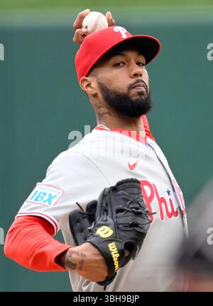 Philadelphia Phillies pitcher Cristopher Sánchez during a baseball game ...