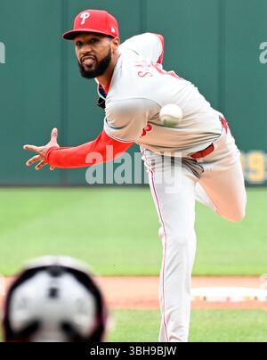 Philadelphia Phillies pitcher Cristopher Sánchez smiles on the mound ...