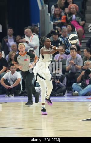 Las Vegas Aces guard Chelsea Gray reacts after being fouled during the ...