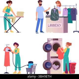Female characters in laundry. Vector pictures set isolate. Laundry ...