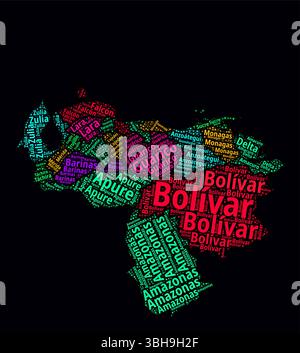Venezuela regions map word cloud. Venezuela region names. Black and ...