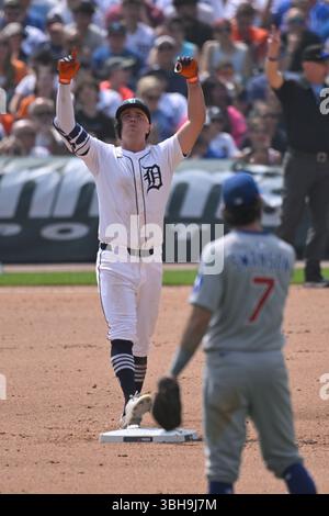 Detroit Tigers right fielder Kerry Carpenter (30) celebrates scoring ...
