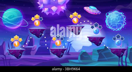 Space level map. 2D arcade game flying platform cartoon galaxy ...