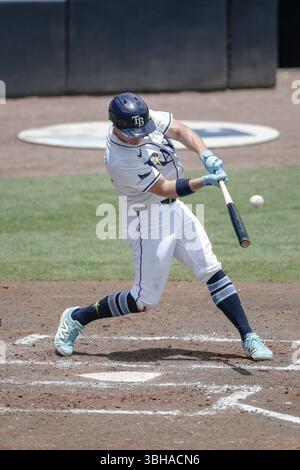 Tampa Bay Rays' Jake Mangum singles during the first inning of a ...