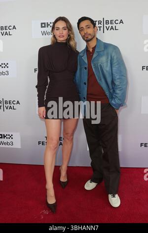 NEW YORK, NEW YORK - JUNE 07: Lily James, David Mackenzie and Riz Ahmed ...