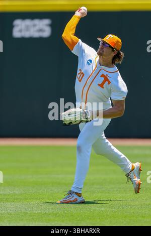 June 8, 2025: Colby Backus (20) Tennessee outfielder returns a ball ...