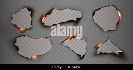 Burning paper pieces set isolated on transparent background. Vector ...