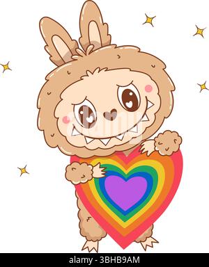 Cute Monster Toy Labubu with rainbow lgbt Heart. Cartoon Funny kawaii ...