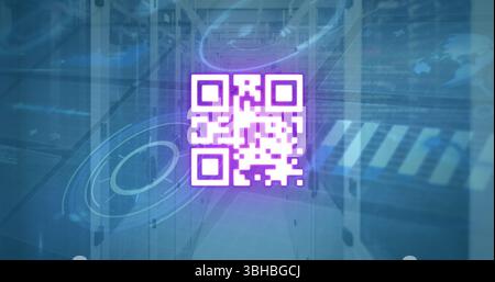 Neon pink QR code floating in server room with glass door cabinets, code overlays, waveforms ...