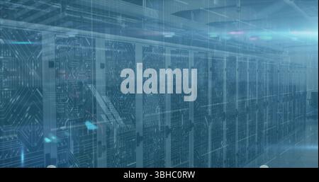 Stretching row of server cabinets glowing with LEDs in data center room ...