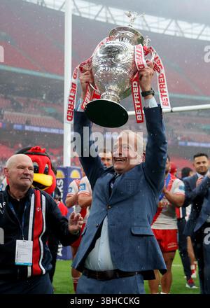 Neil Hudgell, Hull Kingston Rovers owner, celebrates with the Challenge ...