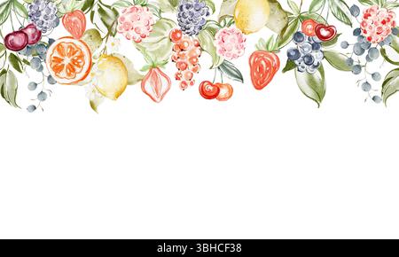 Fresh blueberry horizontal template. Watercolor hand drawn illustration ...
