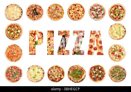 Different delicious pizzas and word on white background Stock Photo - Alamy