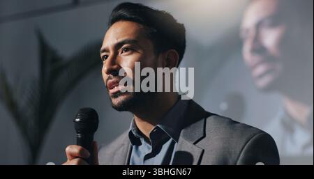Seminar, serious and man with mic, speech and motivational speaker for ...