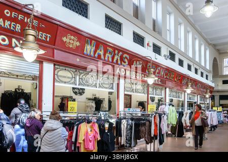 Interior of vintage original Marks & Spencer store with people retro ...
