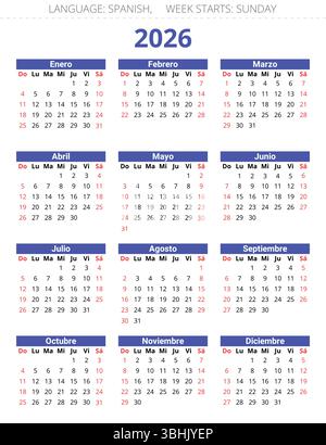 2026 spanish calendar. Week starts Sunday. Vector illustration Spain ...
