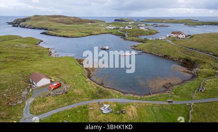 Aerial views of the remote Out Skerries islands off the east coast of ...