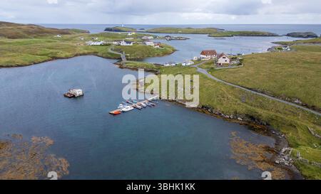 Aerial views of the remote Out Skerries islands off the east coast of ...
