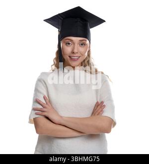 Happy student with crossed arms after graduation on white background ...