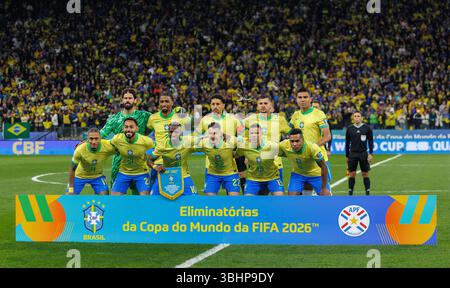 Brazil starting players pose for a team photo at the beginning of the ...
