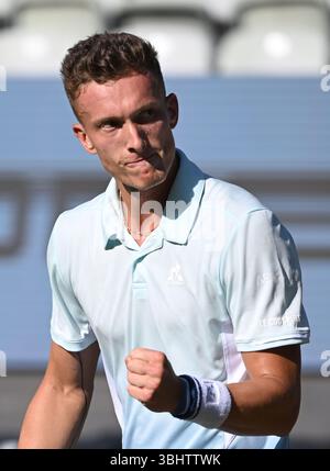 Jiri Lehecka, of the Czech Republic reacts during a men's singles match against Denis Shapovalov ...