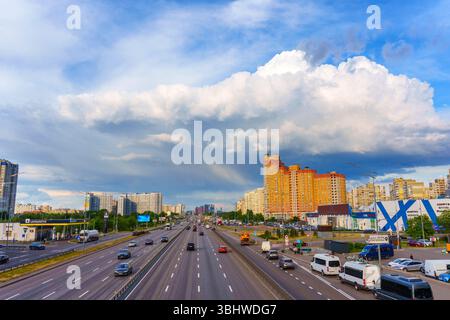 Aerial view of empty intercity road at sunset. Top view from drone of ...