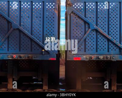 trailer wagons that transport sugar cane, parked in the yard of a sugar ...