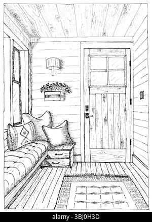 A detailed hand-drawn illustration depicting a cozy log cabin nestled ...