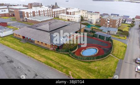 Aerial view of the old Anderson High School in Lerwick, Shetland ...