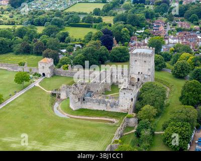 Portchester Castle from the air. View of the 100ft tall Norman keep ...