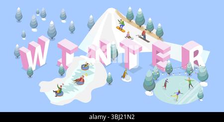3D Isometric Flat Illustration of Winter Season Activity, Cleaning Snow ...