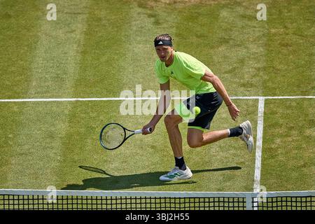 Stuttgart, Stuttgart, Germany. 12th June, 2025. Alexander Zverev of Germany returns with ...