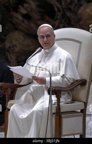 Pope Leo XIV speaks during the presentation of his first encyclical ...