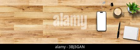 Top view workspace with blank screen tablet on wooden table with coffee ...