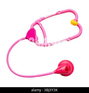 Top view of pink stethoscope toy for children is isolated on white ...