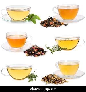 Collage of cups with tasty aromatic tea Stock Photo - Alamy