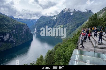 Geiranger, Norway - 12 August, 2022: Panoramic view of Ornesvingen ...